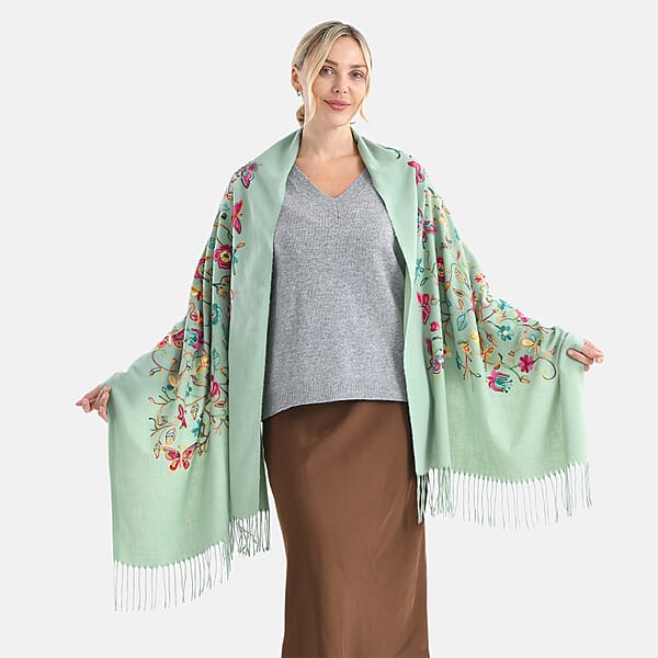 Super Soft Oversized Floral Embroidery Scarf (185 x 70cm) - Green ...