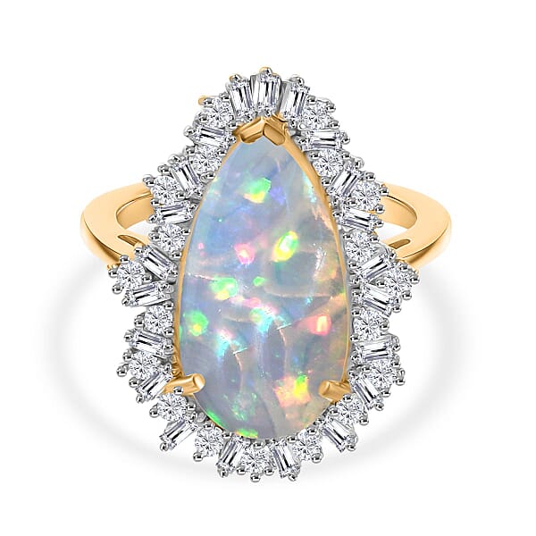 AAA Ethiopian Welo Opal & Moissanite Fire Cracker Ring in 18K Yellow ...