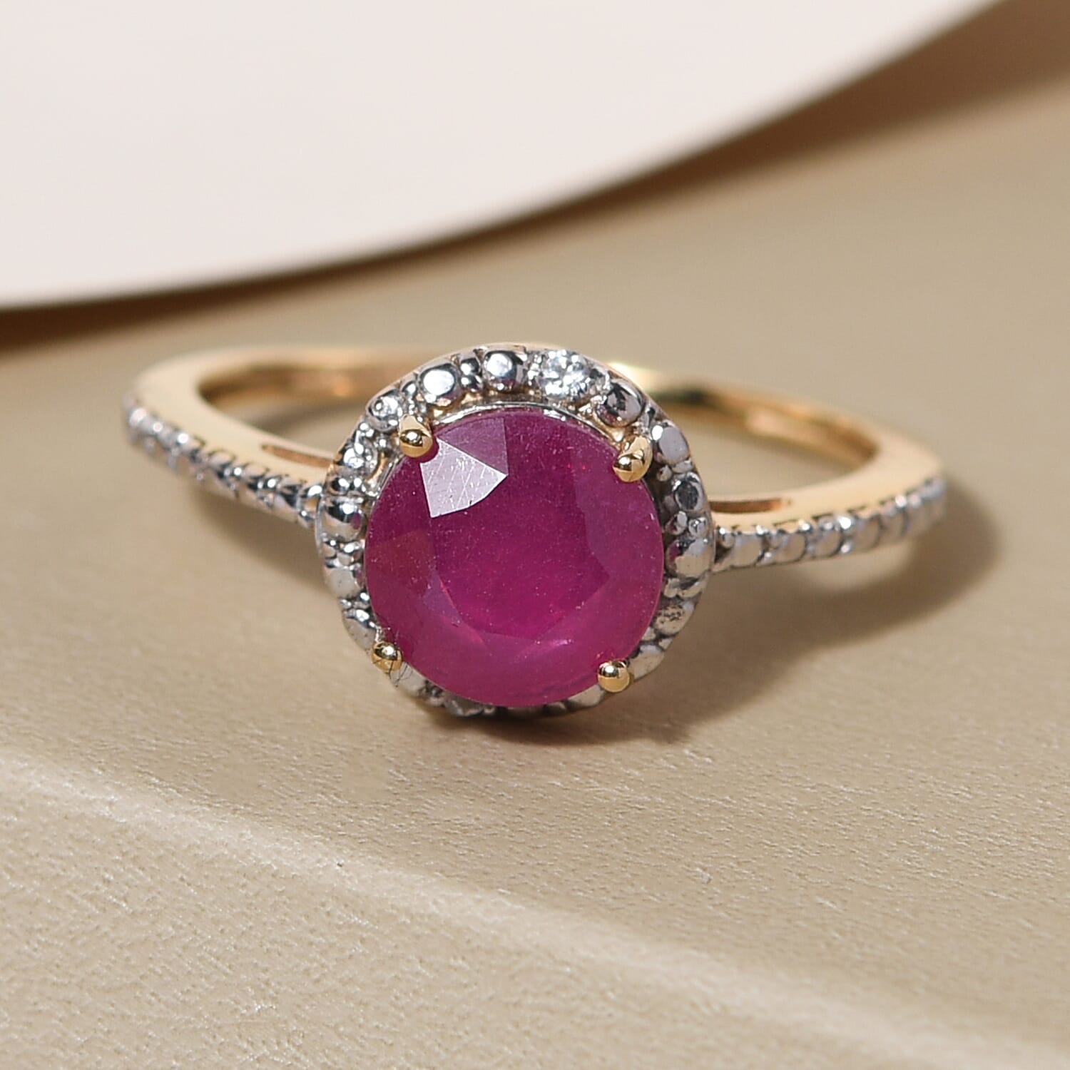 African Ruby and Natural Cambodian Zircon Halo Ring in Yellow Gold ...