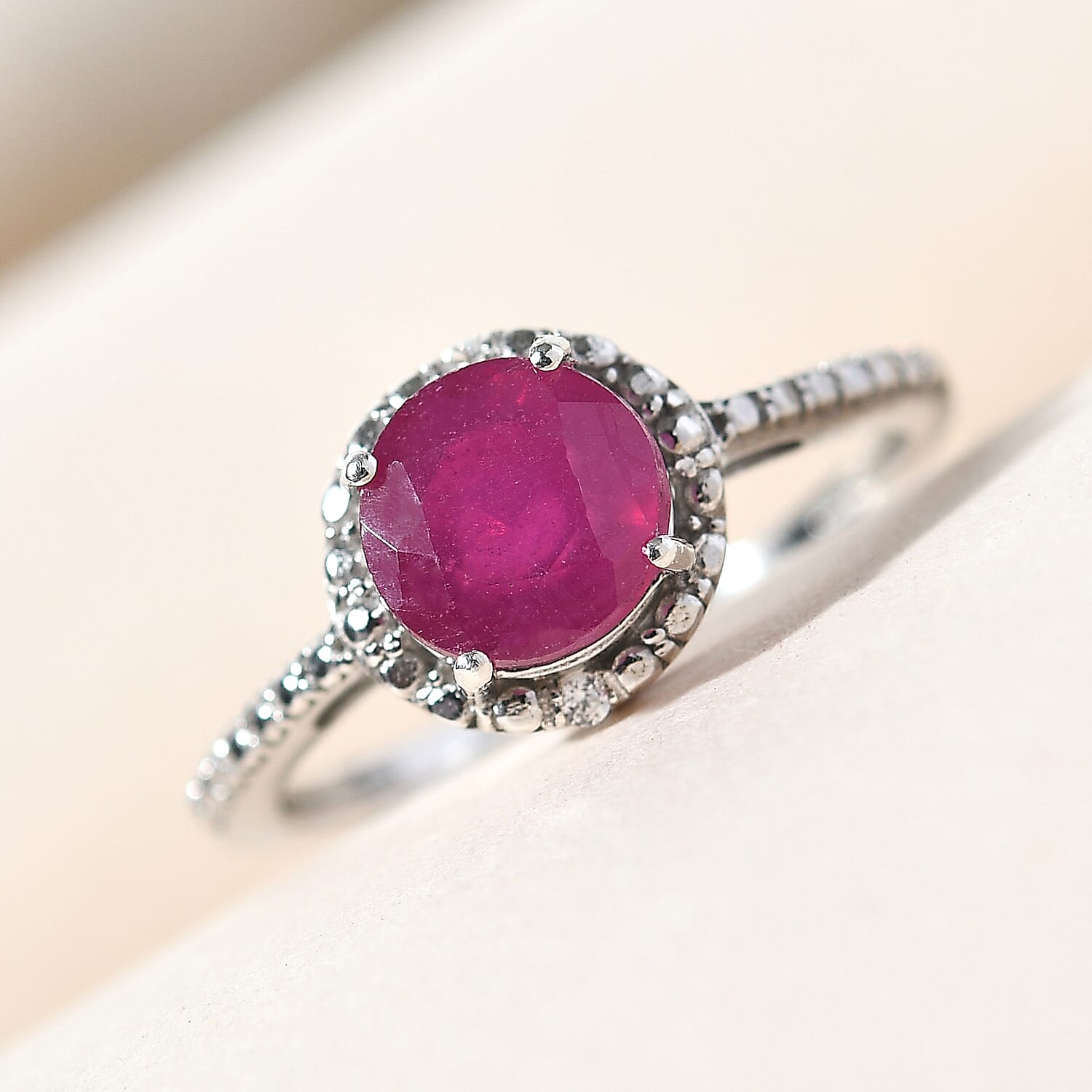 African Ruby and Natural Cambodian Zircon Halo Ring in Platinum Overlay ...