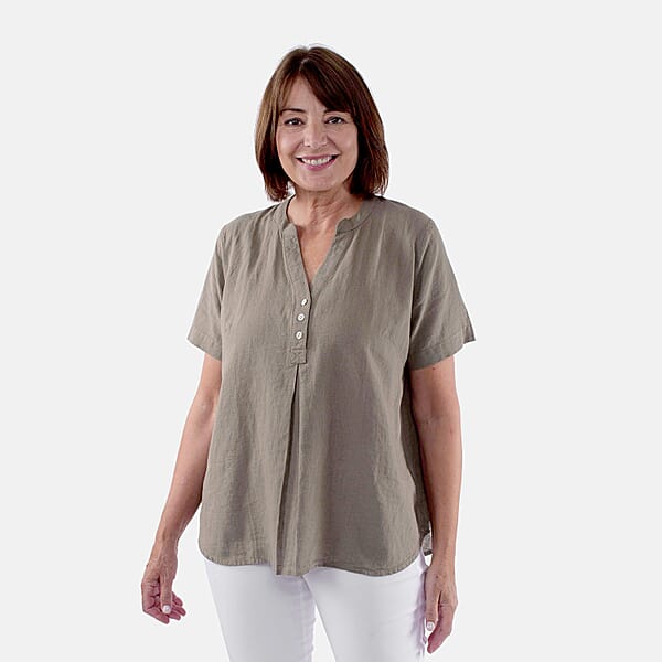 TAMSY Short Sleeve Shirt with Half Placket and Stand Collar - Olive ...