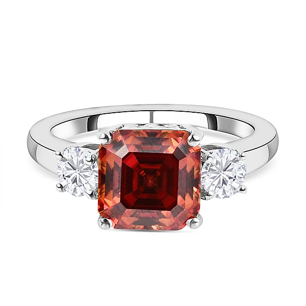 Red Moissanite (Asscher Cut) and Moissanite 3 Stone Ring in Vermeil ...