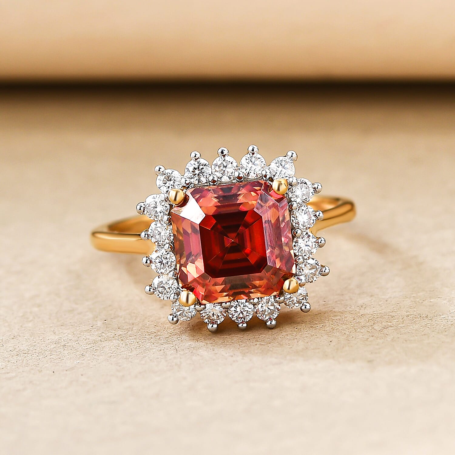 Red Moissanite (Asscher Cut) and White Moissanite Ring in 14K Gold ...