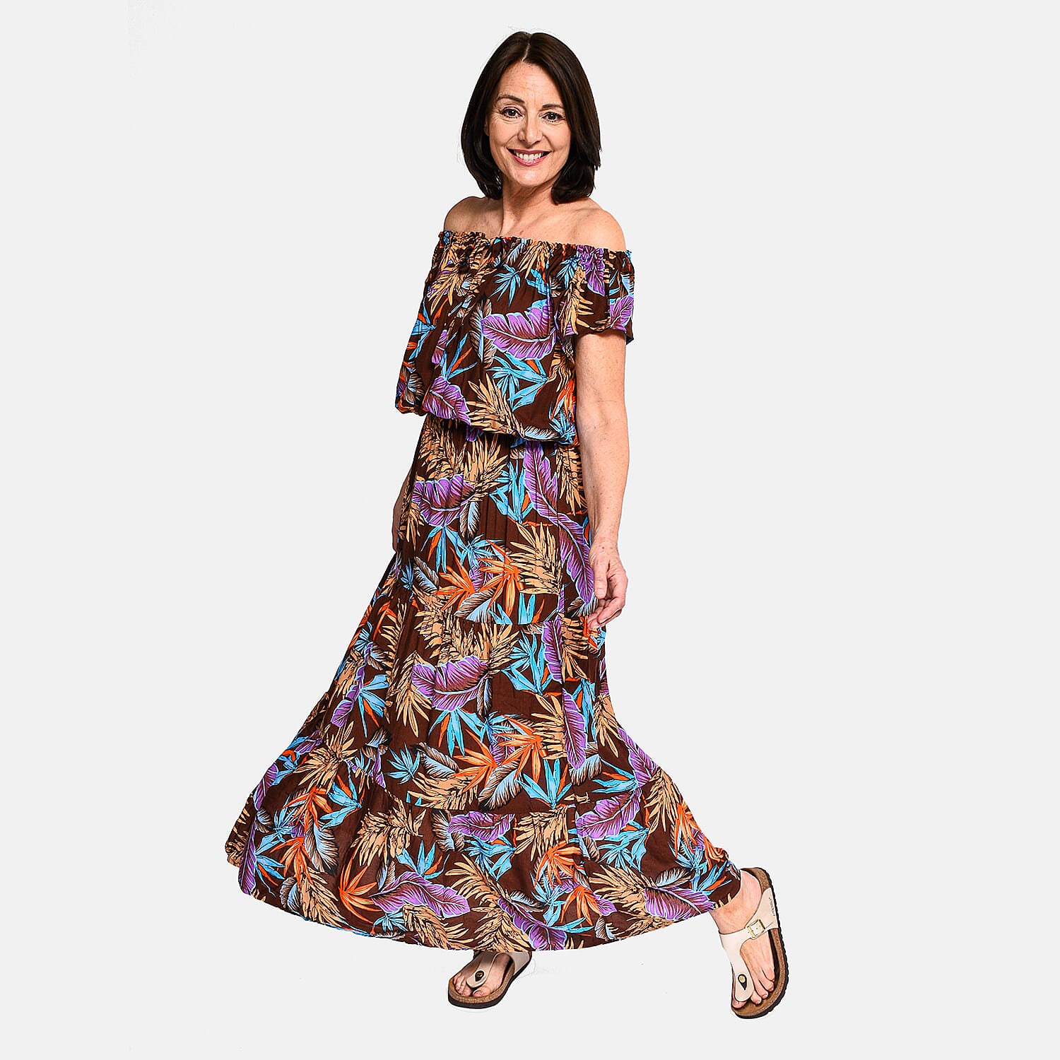 Tamsy 100% Viscose Floral Pattern Off Shoulder Maxi Dress - Brown ...
