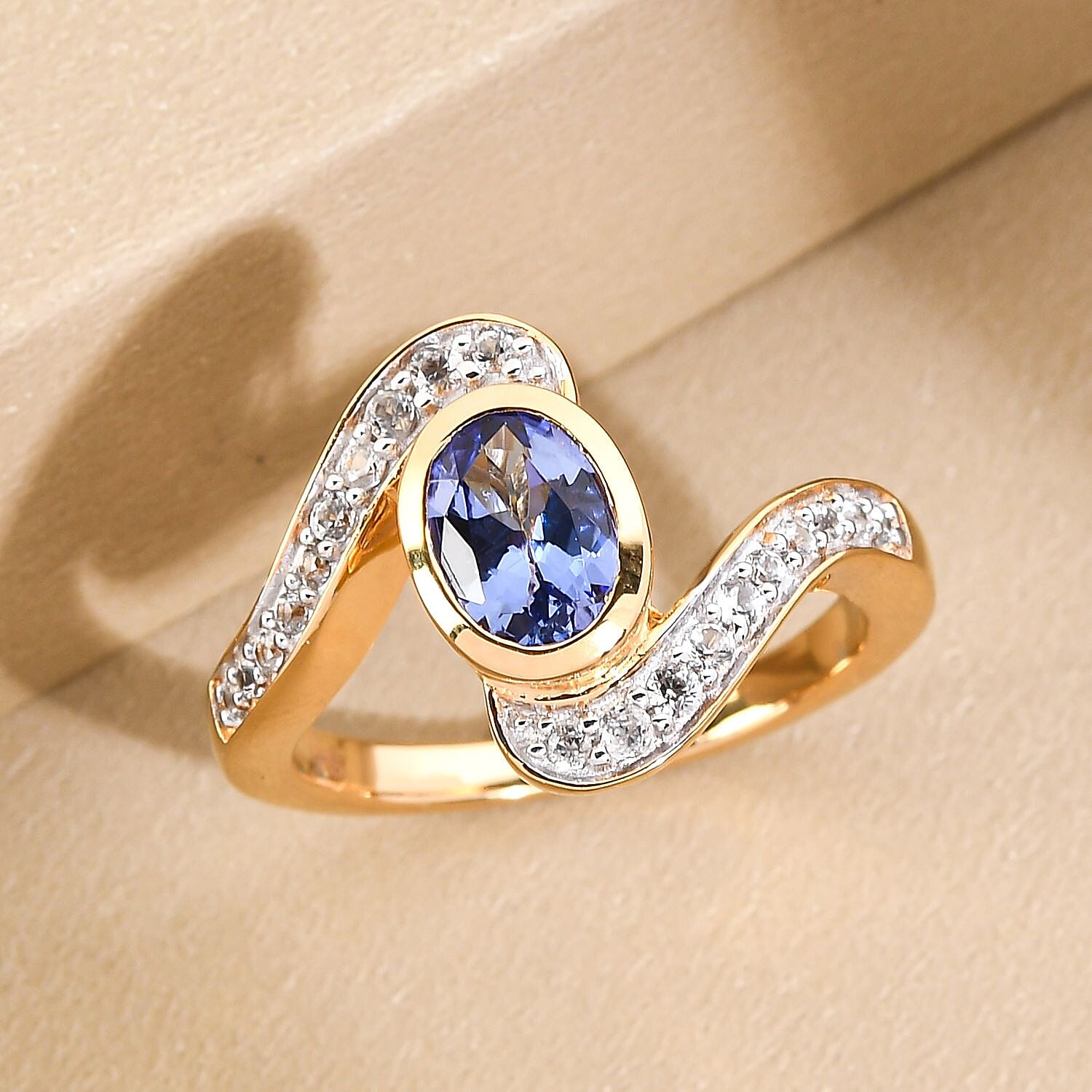 Tanzanite and Natural Cambodian Zircon Bypass Ring in Vermeil Yellow Gold Overlay Sterling ...