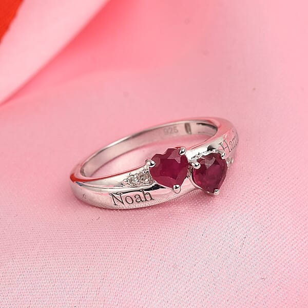Personalised Engravable Double Heart Ruby Ring - D10126 - TJC