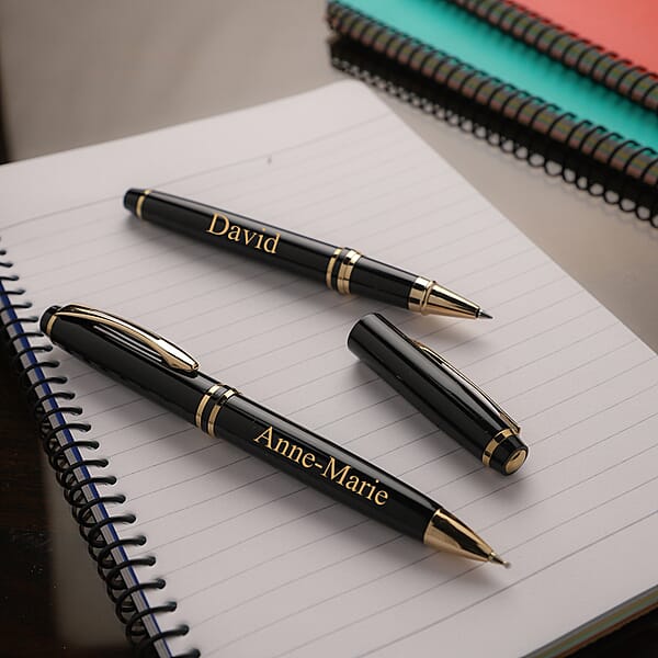 Set of 2 Personalised Engravable Ball Point Pen in Black and Gold ...